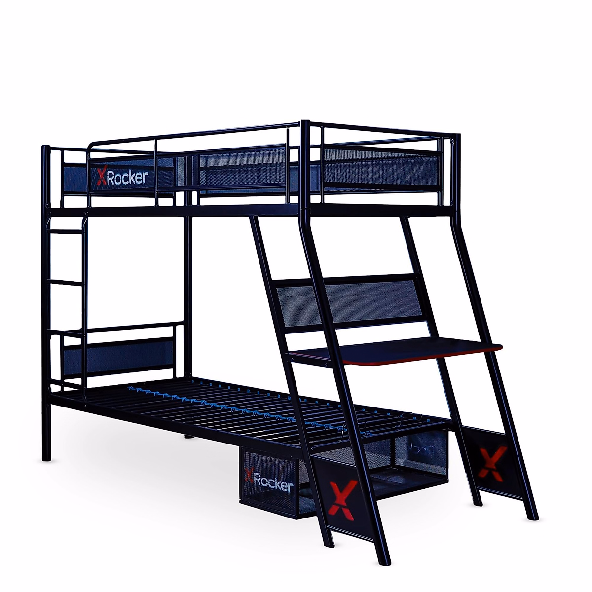 X Rocker Armada Gaming Bunk Bed, Durable Metal Frame, Built-in Gaming Desk, Safe Ladder, Grid Mesh Sides, 7000301, 95.6" x 41.5" x 64.2", Twin Over Twin, Black