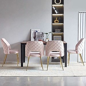 NORDICANA Modern Dining Chair Set of 4, Pink Velvet Fabric Upholstered Accent Chairs with Golden Metal Legs, Round Back Side Chairs for Kitchen Living Room Bedroom