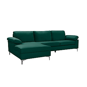 LCH Sectional Couch Living Room,Modern Futon Chaise L-Shape with Arm-Pillows & Metal Legs,Left Hand Facing,Up to 3-Seat Capacity Sleeper Sofa (Velvet Green)
