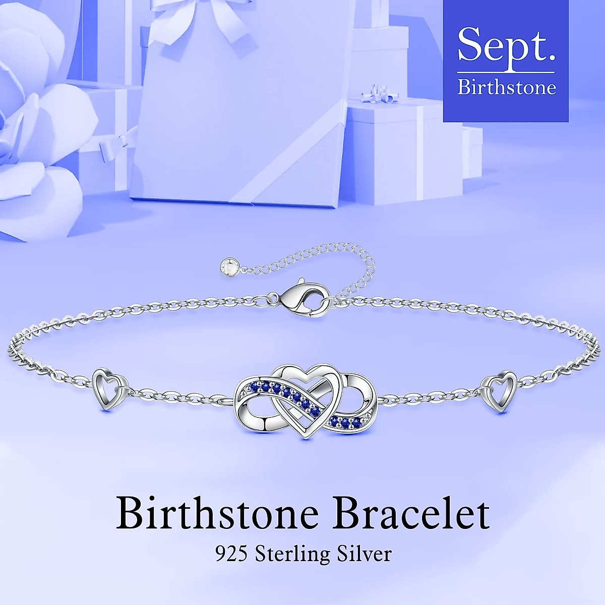 Memorjew Birthstone Bracelet for Women - 925 Sterling Silver Bracelet Gifts for Women, September Sapphire Birthstone Bracelet Charms Gifts Anniversary Mothers Day Birthday Gifts for Women