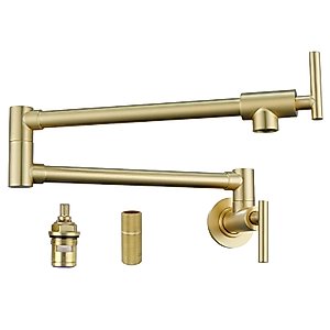 VAKITAP Gold Pot Fillers Wall Mount, Modern Pot Filler Faucet with Double Joint Swing Arm Design, Single Hole 2 Handles Kitchen Pot Filler Faucet, 3004-BG
