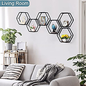 Hexagonal Floating Shelves Set of 10, Metal Hexagon Shelves for Wall, Rustic Black Hexagon Shelves, Modern Honeycomb Shelf, Octagon Shelves Wall Mounted for Bedroom Living Room Kitchen and Office