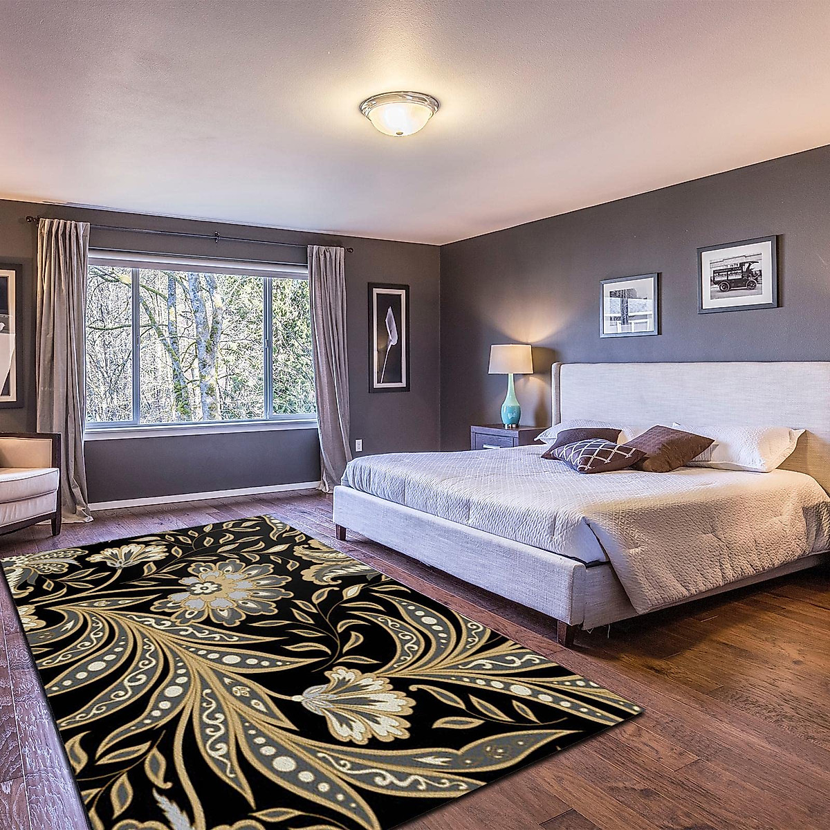 Luxury Abstract Leaves Floral Area Rugs, Black Background Brown Plants Living Room Rug, Soft Cozy Breathable Washable Entryway Rug for Dining Room Bedroom Bedside Indoor Runner, 2x3ft