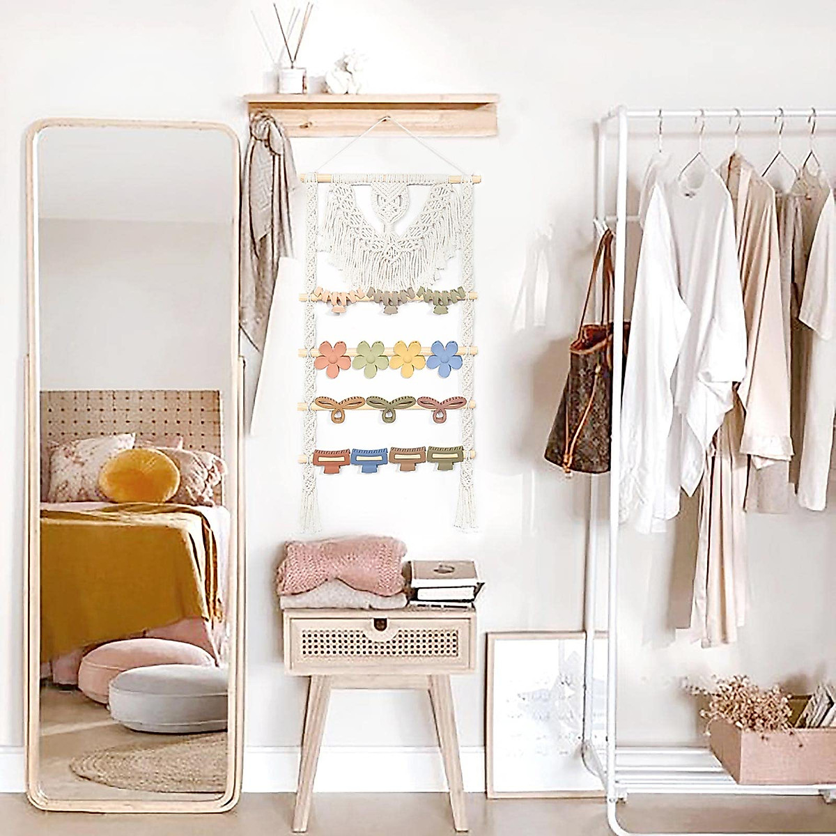 PABOBIT Hair Claw Clip Organizer,Macrame Hanging Hair Clip Holder and Storage for Women Girls,Claw Clips Hanger Home Boho Decor for Wall,Door,Closet