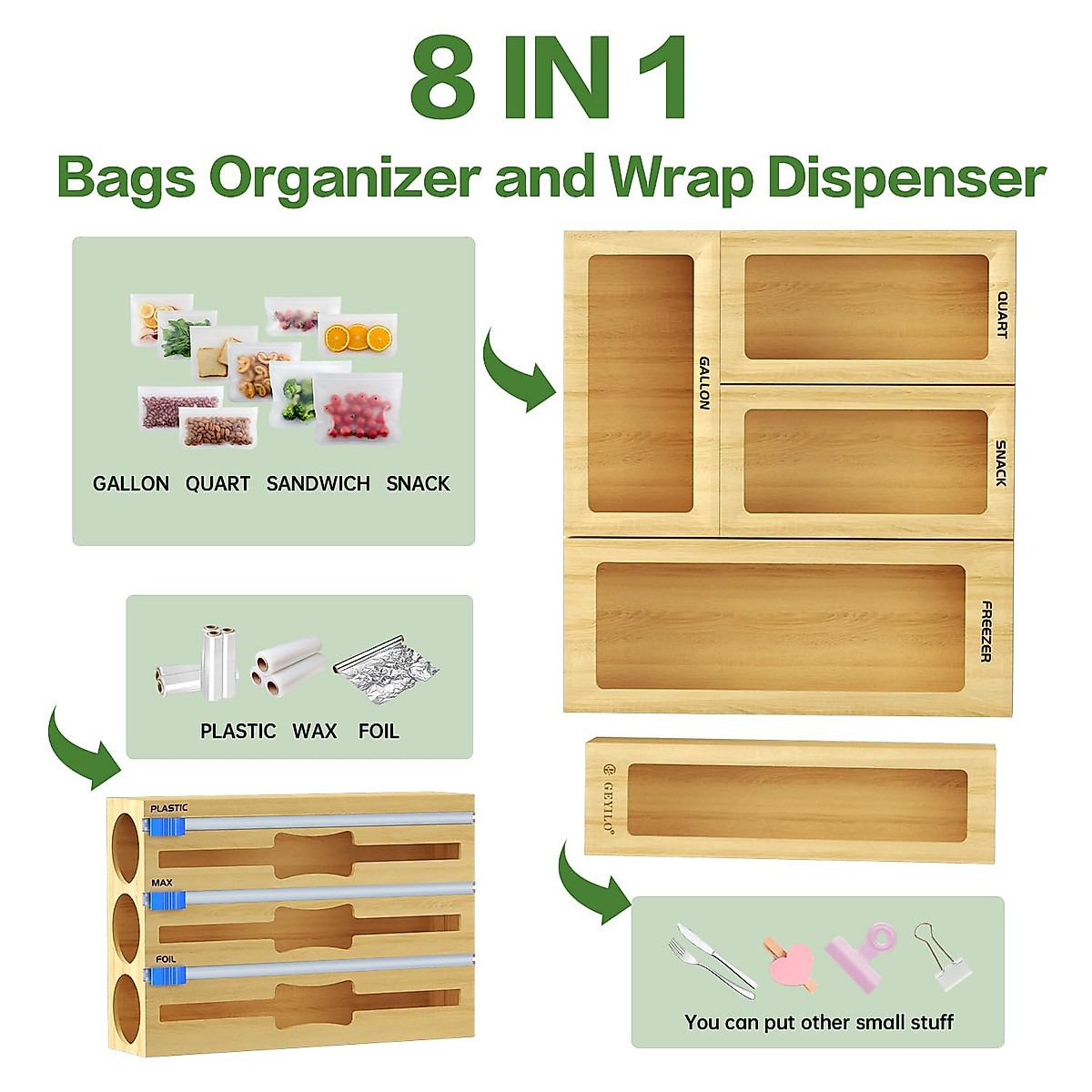 8 in 1 Plastic Wrap Dispenser with Cutter and Bag Organizer, Bamboo Plastic Bag Organizer for Drawer, Kitchen Organizers and Storage, Kitchen Drawer Organizer for Gallon,Quart,Sandwich,Snack Bag
