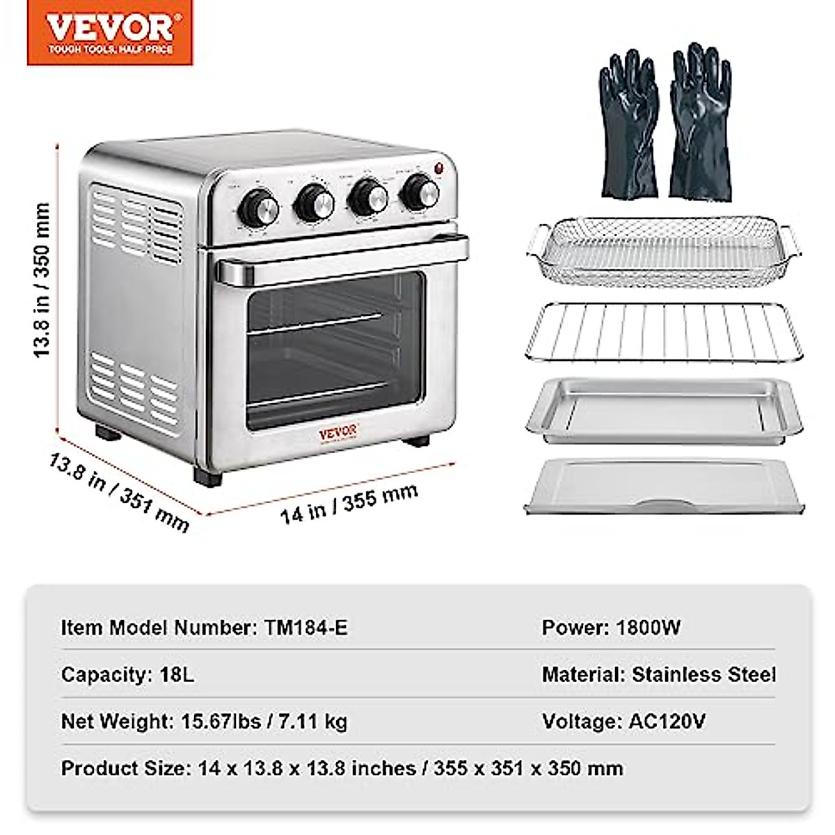 VEVOR 7-IN-1 Air Fryer Toaster Oven, 18L Convection Oven, 1700W Stainless Steel Toaster Ovens Countertop Combo with Grill, Pizza Pan, Gloves, 6 Slices Toast, 12-inch Pizza, Home and Commercial Use