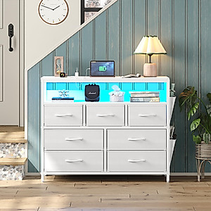 CollaredEagle 7 Drawer Dresser with Charging Station, TV Stand Fabric Storage Tower for Bedroom,Storage Drawers with LED, Wooden Top for TV up to 43 inch, for Bedroom, Living Room, Entryway, White