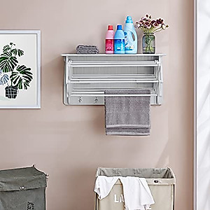 Danya B Accordion Clothes Drying Rack, Retractable, Wall Mounted Towel Rack and Hooks for Clothes and Towels for use in Laundry Room or Garage (White)