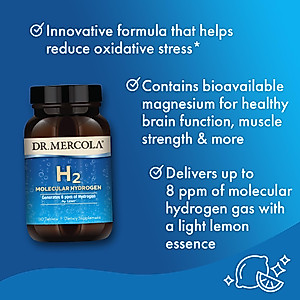 Dr. Mercola H2 Molecular Hydrogen, 90 Servings (90 Tablets), Dietary Supplement, Supports Brain Health and Cognitive Function, Non GMO