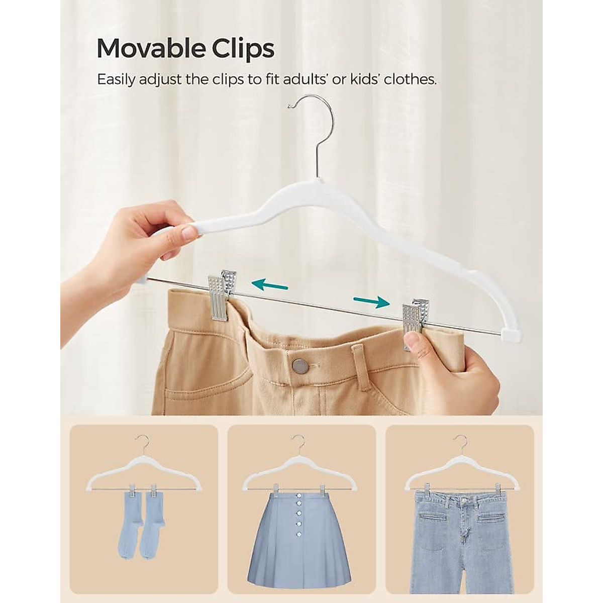 SONGMICS 50-Pack Coat Hangers and 30-Pack Pants Hangers Bundle, Velvet Hangers, Non-Slip Clothes Hangers, Velvet Hangers with Adjustable Clips, White and Light Pink UCRF029W05 and UCRF012W02