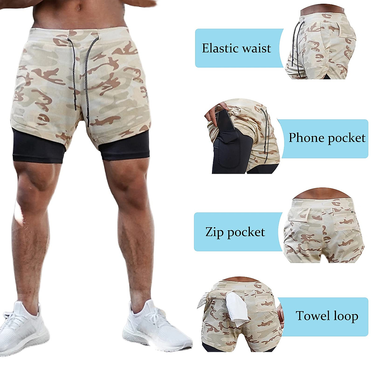 DIOTSR Mens 2 in 1 Running Workout Shorts Lightweight Athletic Gym Shorts with Pockets (Camo Khaki X-Large)