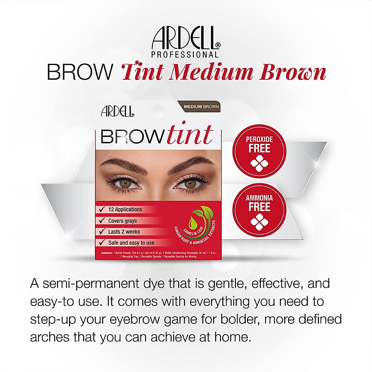 Ardell Brow Tint Medium Brown, Longer-lasting, Semi-permanent Brow Dye, with Natural Extracts, Complete Brow Tinting Kit, 1 pack