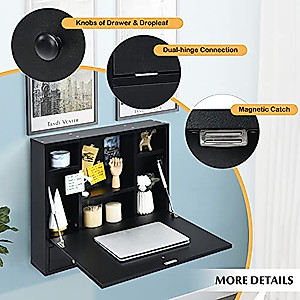 IFANNY Wall Mounted Desk, Wall Computer Desk w/Storage Drawer & Shelves, Compact Floating Desk for Wall, Space Saving Wall Desk Fold Down, Wall Desks for Small Spaces (Black)