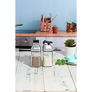 J&M Design Glass Salt and Pepper Shakers Set with Moisture Free Plastic Flip Lid for Kitchen Countertop or Travel Spice Seasoning Use - Set Of 2 Refillable Bottle Dispenser Container Shaker