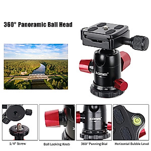 ZOMEI M5 Camera Tripod,Lightweight Travel Aluminum Tripod Monopod Compact Portable Photography Tripod Stand with 360 Degree Ball Head and Phone Clip for DSLR Cameras, Smartphone