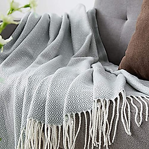 BOURINA Decorative Diamond Lattice Faux Cashmere Fringe Throw Blanket Lightweight Soft Cozy for Bed or Sofa Farmhouse Outdoor Throw Blankets, 50" x 60",Light Blue