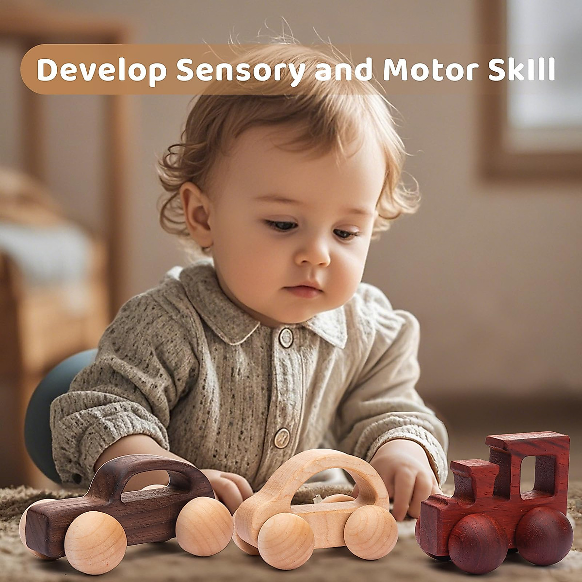 3PCS Wooden Baby Toys,Baby Grasping Toys Push Car Toys Montessori Toys Wooden Toy Vehicles,#1