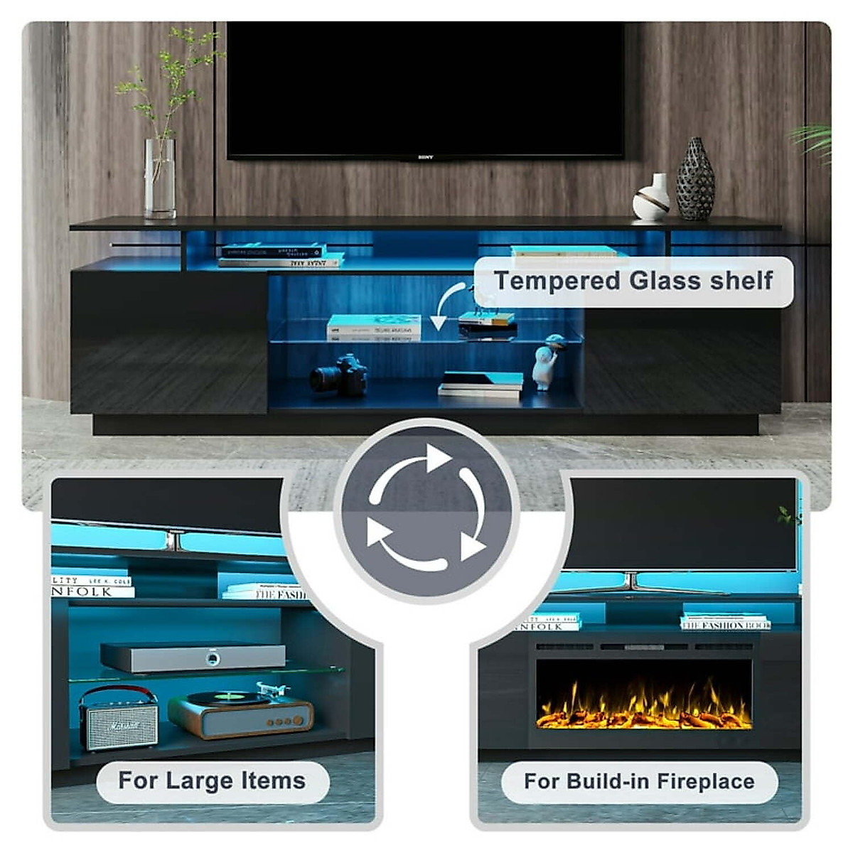 DMAITH Black LED TV Stand for 65 70 75 Inch TV, Modern High Gloss Gaming Entertainment Center with Large Storage Cabinet, TV Media Center with Display Glass Shelves for Living Room, Bedroom