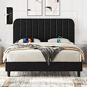 Yaheetech Queen Bed Frame with Headboard, Velvet Upholstered Platform Bed Frame Queen Size with 2 USB Charging Stations/Ports for Type A&Type C, Seamlessly Connected Headboard/Wood Slat Support/Black