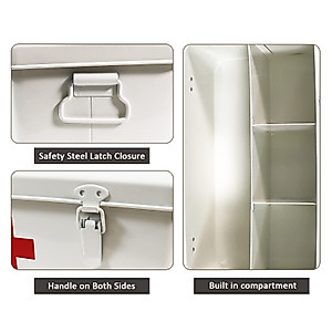 Xbopetda First Aid Medicine Box, First Aid Kit Supplies Bin, Metal Medicine Storage Tin, First Aid Empty Box with Safety Lock for Home Emergency Tool Set-White