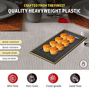 Hard Plastic Serving Tray Set, Black & Gold Rim Disposable Serving Trays & Platters for Food, Large Plastic Trays for Parties, Weddings, Food Trays for Cookies, Dessert, 8" x 13", 4 Pack