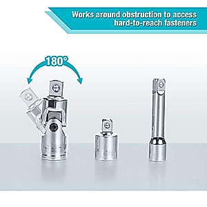 DURATECH 10-Piece Socket Accessory Kit, Includes 3/8” Drive Extension Bar Set, 1/4”, 3/8” & 1/2” Drive Universal Joints and Adapters, with EVA Foam Tool Organizer, Cr-V Steel Made