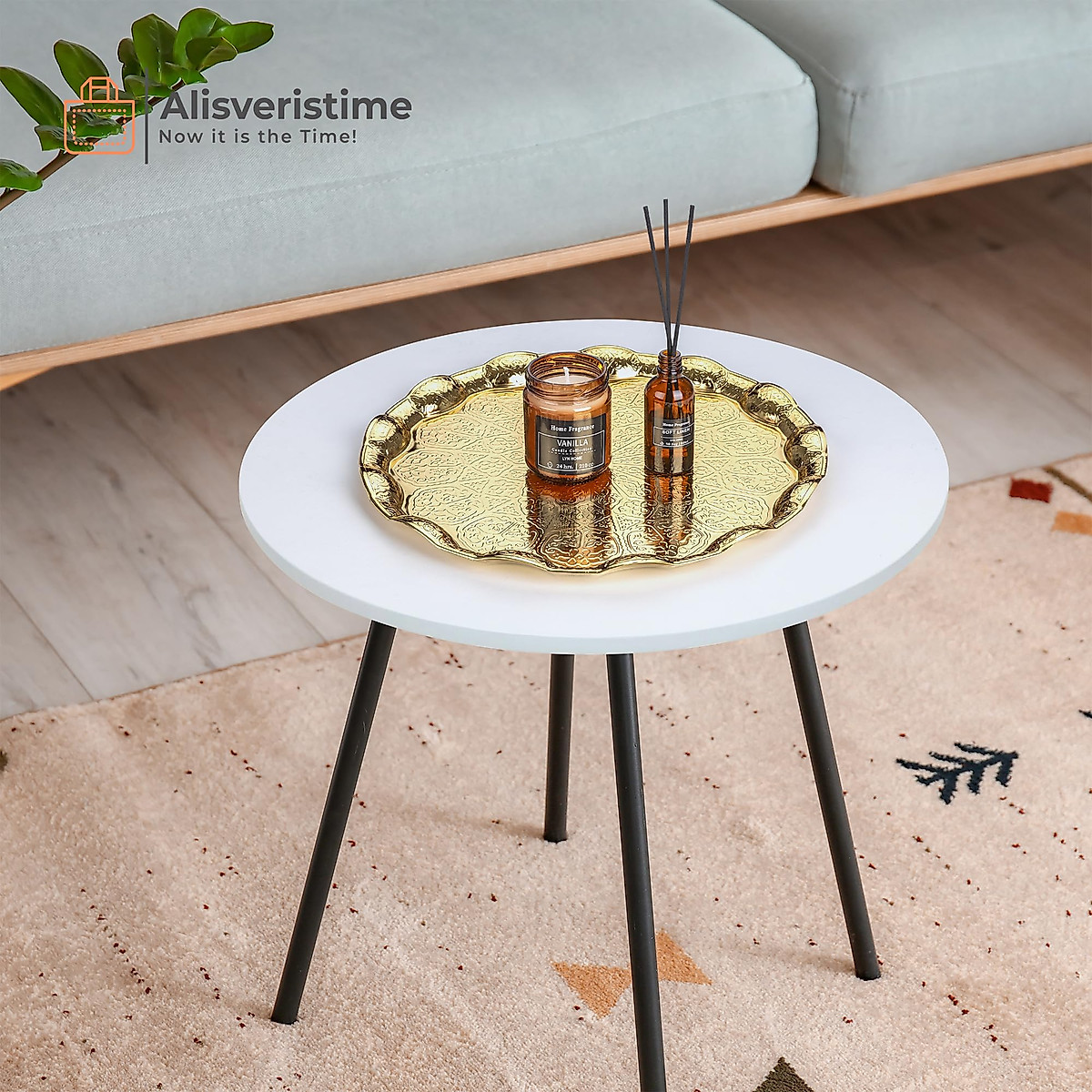 Alisveristime Turkish Ottoman Coffee Tea Serving Tray – 13.60 inches, Metal with Traditional Motifs, Available in Five Colors (Gold)