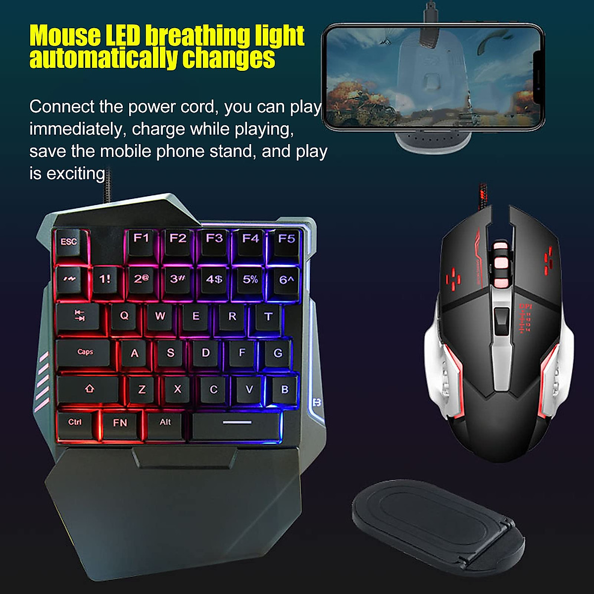 Dilwe One Hand RGB Gaming Keyboard and Backlit Mouse Combo, USB Wired 35 Keys Keyboard 6 Keys Gaming Mouse Converter Set with Bracket for PC Gamer