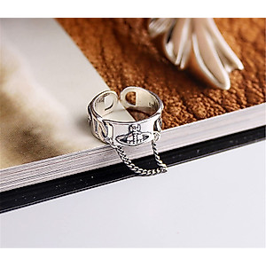 Beccalame Saturn Chain Sterling Silver Adjustable Ring Y2K Edgy Rings Fashion Handmade Jewelry Gift For Women Men Tassel Dangling Chain Ring