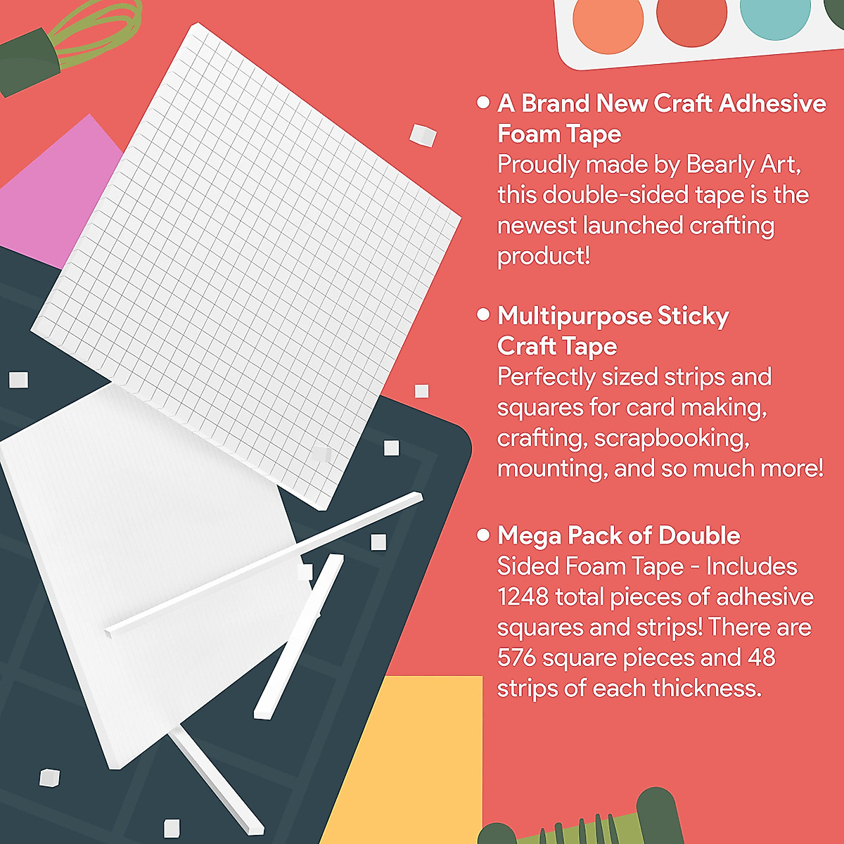 Bearly Art CUBIES The Polar Collection - Acid Free Adhesive Foam Tape for DIY Arts and Crafts - Double Sided Tape - Mega Pack with 1248 Total Pieces - Precut Squares & Strips