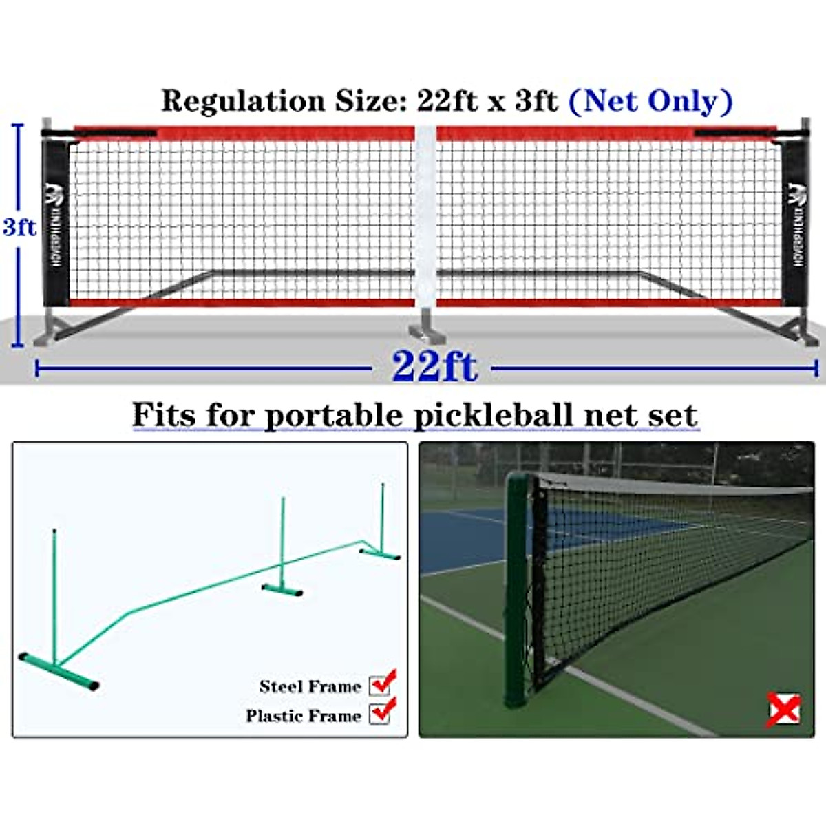 Pickle Ball Replacement Net 22ft x 3ft for Indoor and Outdoor Fits for Most Free-Standing Pickle Ball Frame Come with 4 Outdoor Pickle Balls (Net Only)