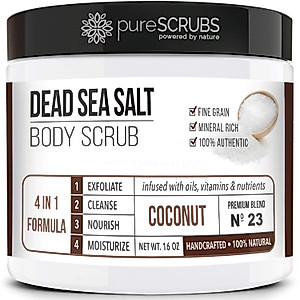 pureSCRUBS Premium Organic Body Scrub Set - INCLUDES spoon, loofah & soap - Large 16oz COCONUT BODY SCRUB Dead Sea Salt Infused Organic Essential Oils & Nutrients