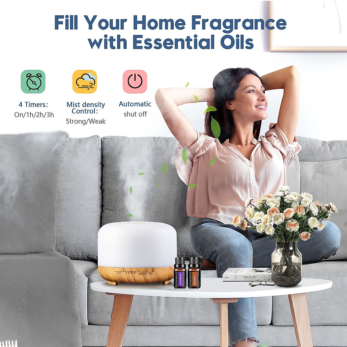 Essential Oil Diffuser, YIKUBEE Oil Diffuser, 500ml Humidifier, Diffusers for Home, Aromatherapy Diffuser with Remote Control, Diffusers for Essential Oils Large Room