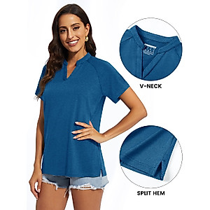 MAGCOMSEN Polo Shirts for Women Collarless V Neck Golf T-Shirts UPF 50+ Sun Protection Tennis Shirts Quick Dry Blue,XL