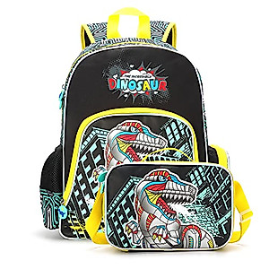 YOJOY Kids Backpack for Boys with Lunch Box Set Elementary School Bags 16 inch Kindergarten Primary Bookbags Football Dinosaur Backpacks (Black Dinosaur Set)