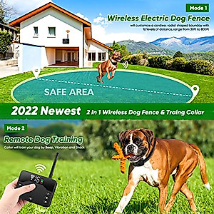 BHCEY Wireless Dog Fence,Electric Fence & Remote Training Collar,Adjustable Vibration & Shock,Wireless Boundary Contaiment,IP65 Waterproof Training Collar for All Dogs (for 2 Dogs)