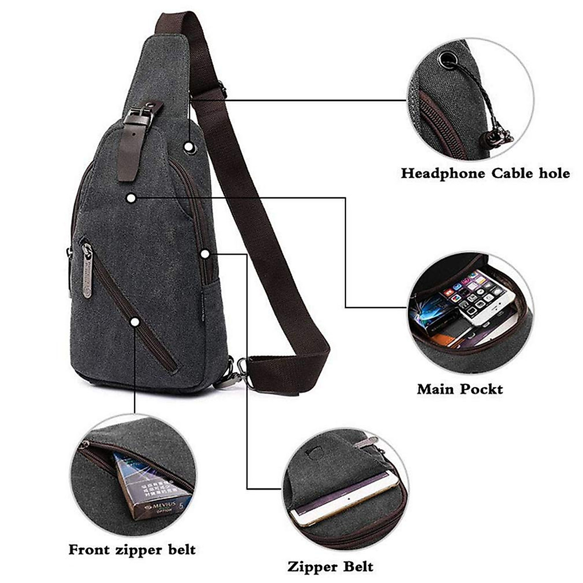 Hebetag Canvas Sling Crossbody Bag Daypack for Men Women Outdoor Travel Casual Shoulder Chest Backpack Bags Day Pack Hunting Hiking Camping Black Gray
