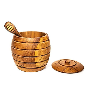 Rainforest Bowls Javanese Teak Wood Honey Jar w/Dipper Set- Ideal for Storing Honey, Jam & Syrups- Ultra-Durable- Premium Wooden Honey Jar Handcrafted by Indonesian Artisans