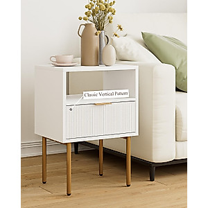 Masupu Nightstand,Mid-Century Modern Bedside Table with Storage Drawer and Open Wood Shelf,Small Gold Frame Side Table for Bedroom,Living Room,White