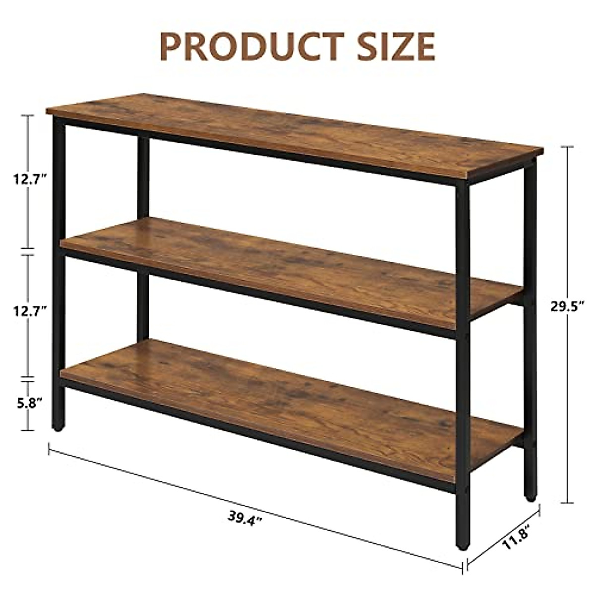 WEENFON Narrow Console Table, 39.4”Long Sofa Table, 3 Tier Entryway Table, Living Room Tables,Rustic Entrance Table for Hallway, Corridor,Kitchen, stairwell,Steel Frame, Rustic Brown