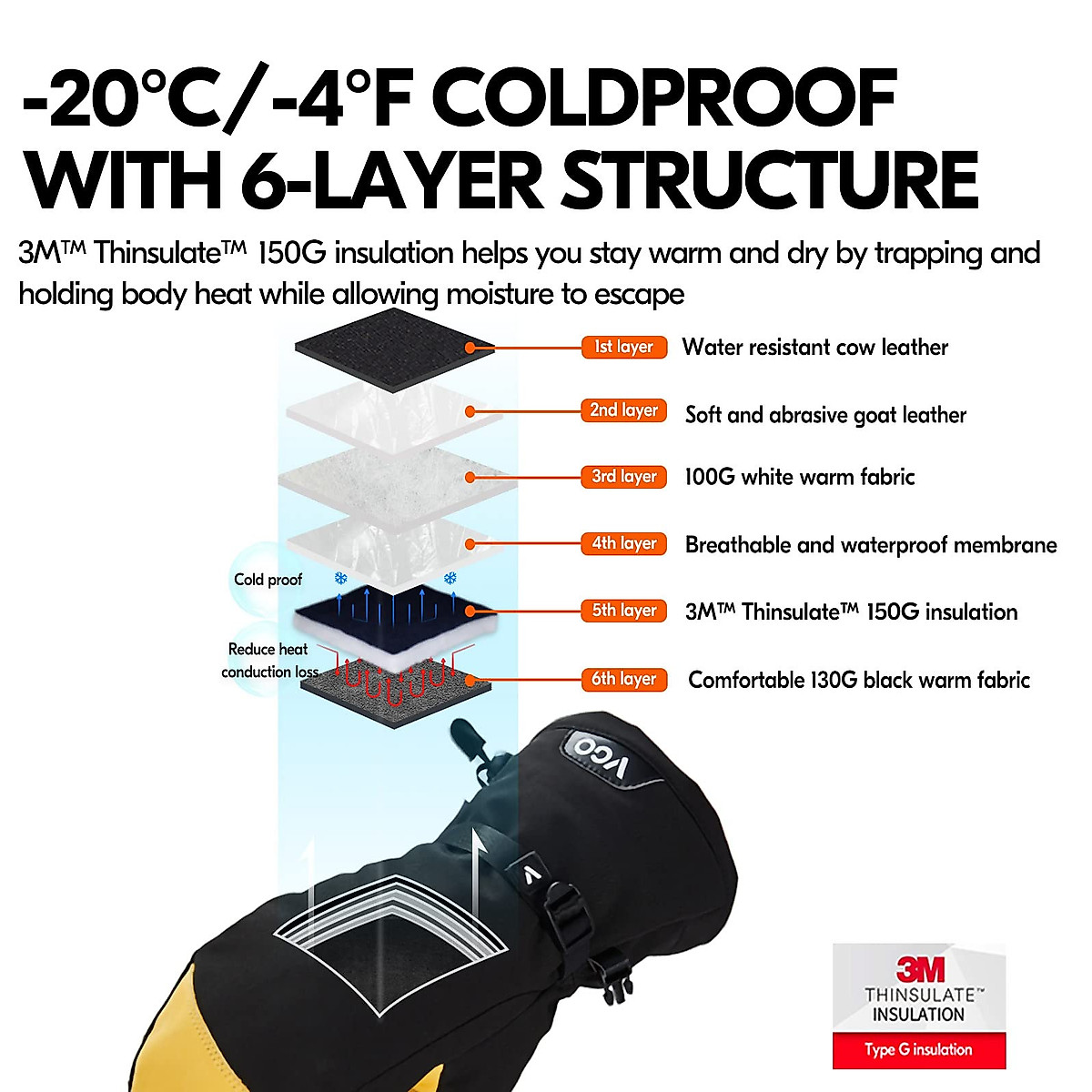 Vgo... 1Pair -30℃/-22°F or Above Cow Leather Warm Ski Gloves,Winter Snow Gloves,3M Thinsulate Waterproof Gloves(Size M,Black,CA2472FLWP)