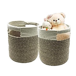 SOQKEEN Woven Cube Storage Basket 2 PCS Bathroom Cotton Rope Storage Organizer Bins with Handles Baby Kids Versatile Hamper for Shelves Laundry Nursery(Light Brown)