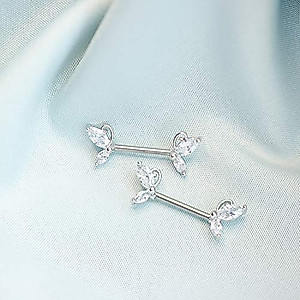 CHARM ONLINE 2PCS 14G 316L Stainless Steel Clear (Butterfly CZ Nipple Rings Barbell Crystal Nipple Piercings Jewelry for Women)
