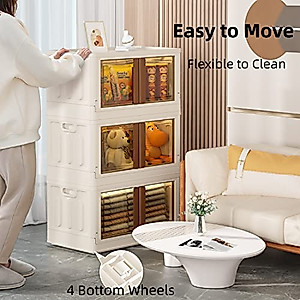 Plastic Storage Bins with Lids - 76Quart Collapsible Storage Bins,3 Packs Stackable Storage Bins with Lids,Beige Wardrobe Closet Organizer,Storage Cabinet,Foldable Plastic Storage Container with Door