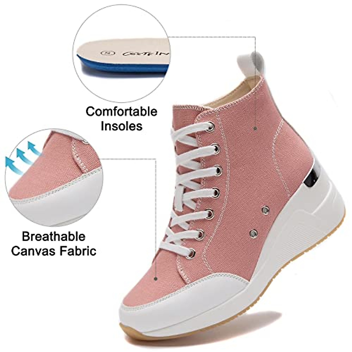 Pink High Top Canvas Wedge Sneakers for Women Canvas Shoes Non-Slip Lace Up Women Platform Sneakers