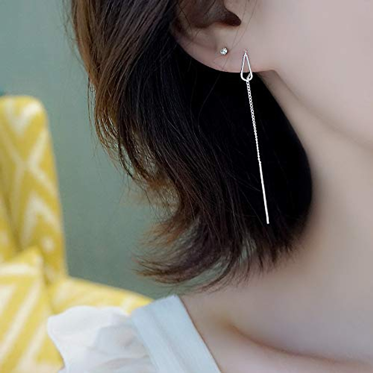 925 Sterling Silver Tassel Threader Dangle Earrings Teardrop Long Chain Ear Line for Women Girls
