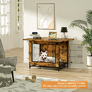 WASAGUN Wood Dog Kennel End Table with Pull-Out Tray, Power Outlets - For Small & Medium Dogs up to 30 lb, Brown