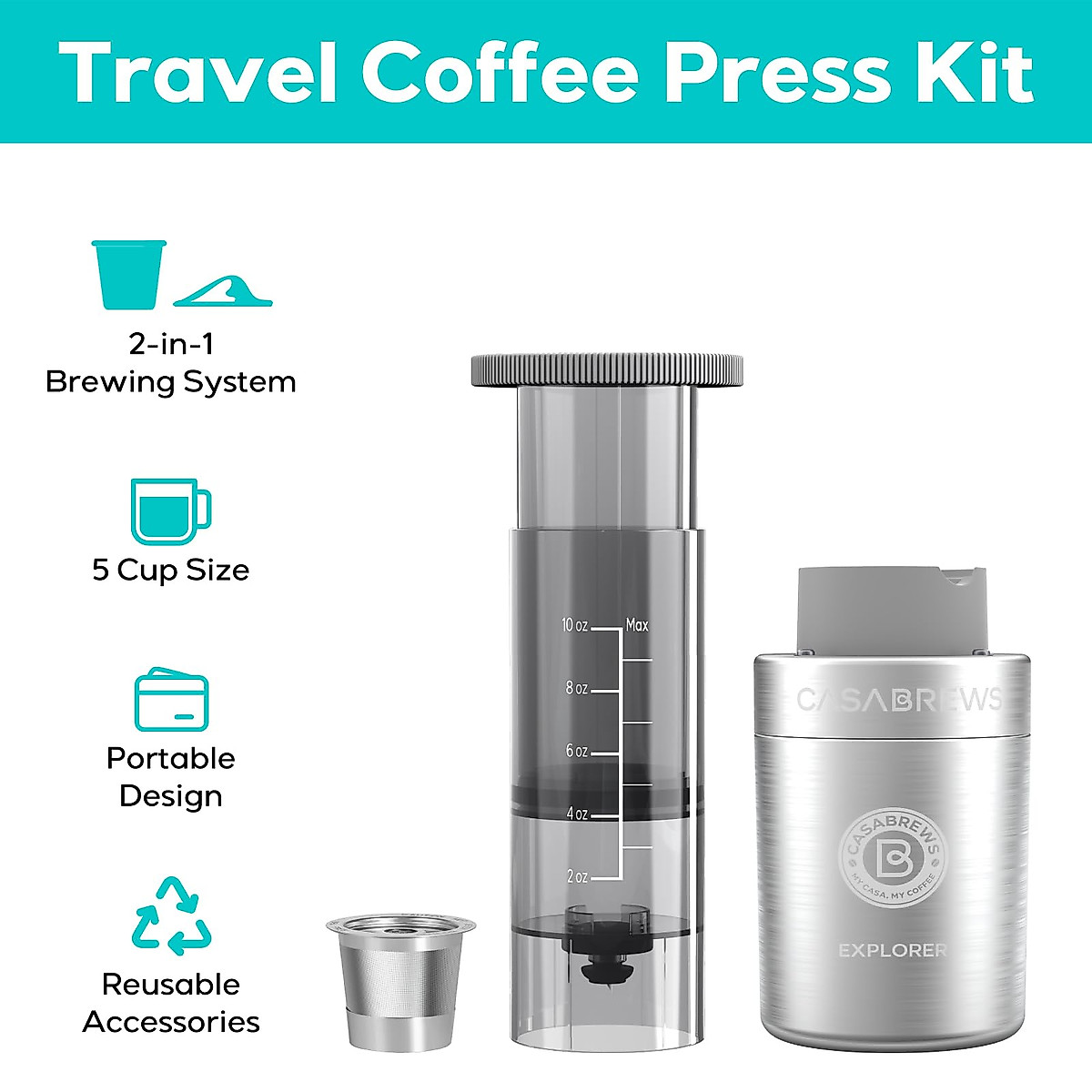 CASABREWS Portable Coffee Maker, 2 in 1 Small Travel Coffee Machine for K Cup Pod or Ground Coffee, Quick Coffee Press Kit with Stainless Steel Coffee Cup, Cup Lid, Straw and Storage Bag
