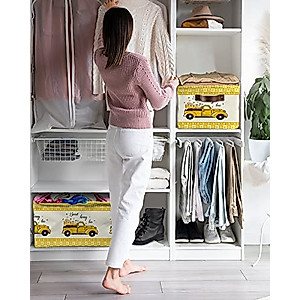 Storage Baskets for Organizing, Toy Box Chest Farm Sweet Honey Bee Truck Daisy Yellow Buffalo Plaid Foldable Cube Storage Bin with 2 Leather Handles Set of 2