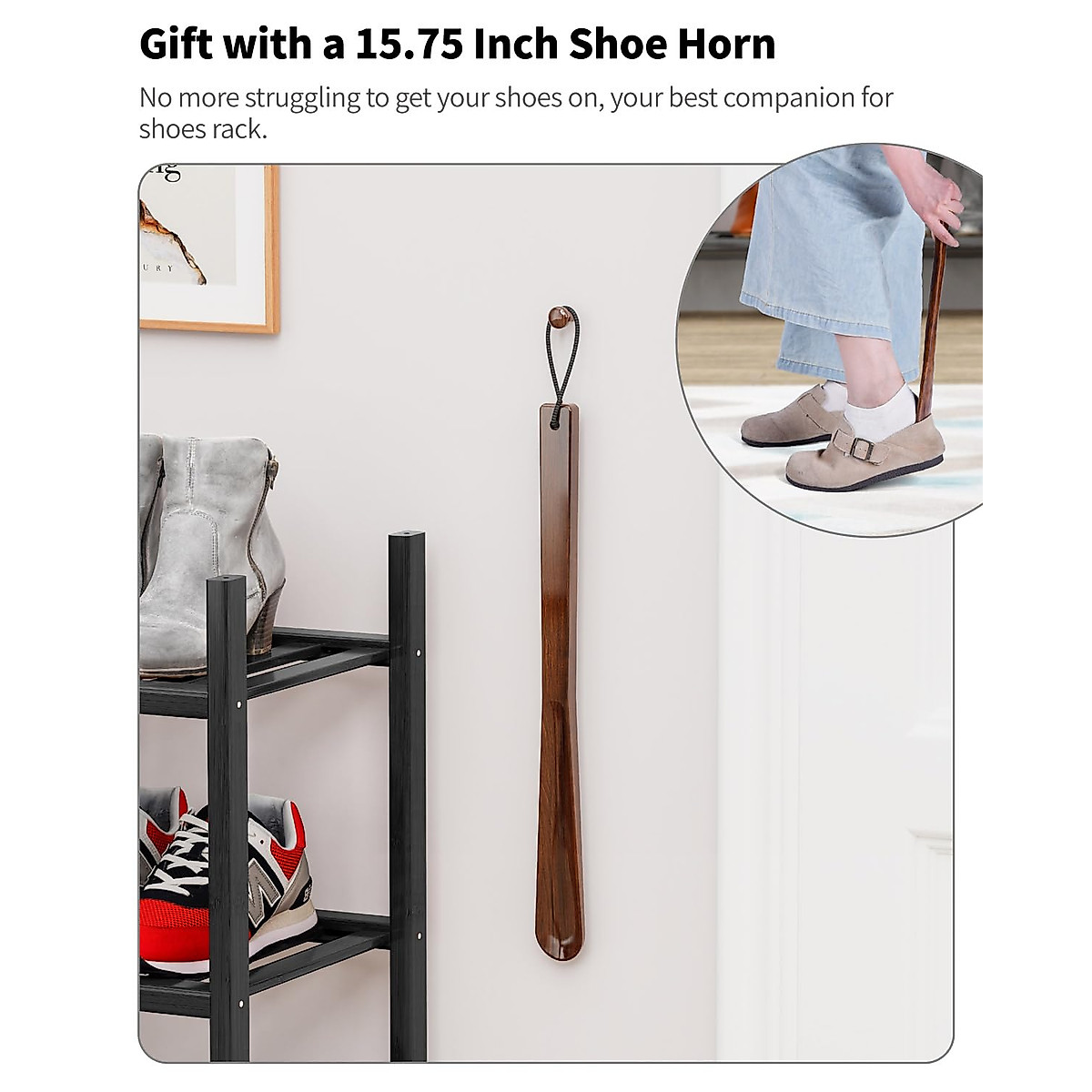 VOPOG Shoe Rack, 2-Tier Bamboo Shoe Rack for Front Door Entrance with Shoe Horn, Stackable Shoe Rack Organizer Shoe Shelf for Entryway, Hallway, Bathroom, and Closet Shoe Organizer - Black